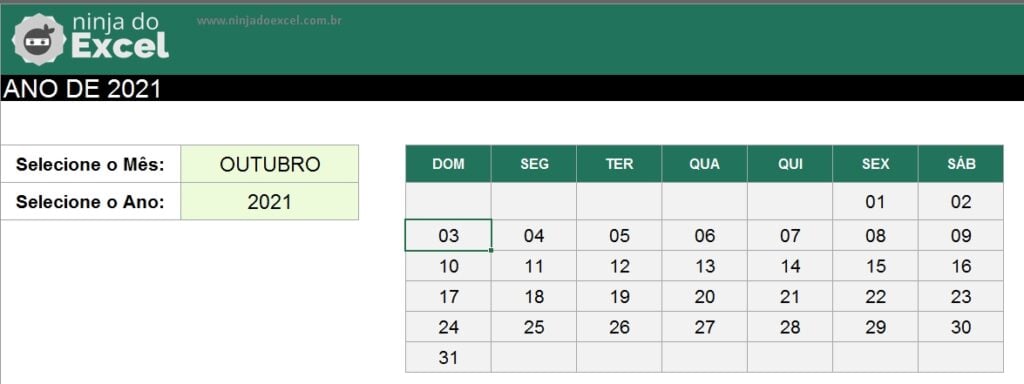 Calendário 2021 no Excel Para Download e Editável - Ninja do Excel