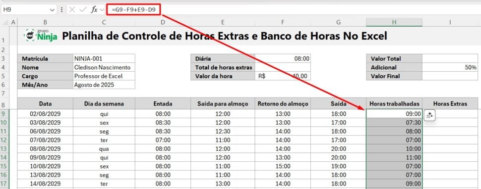 Como Automatizar Hora Extra e Banco de Horas no Excel - Ninja do Excel